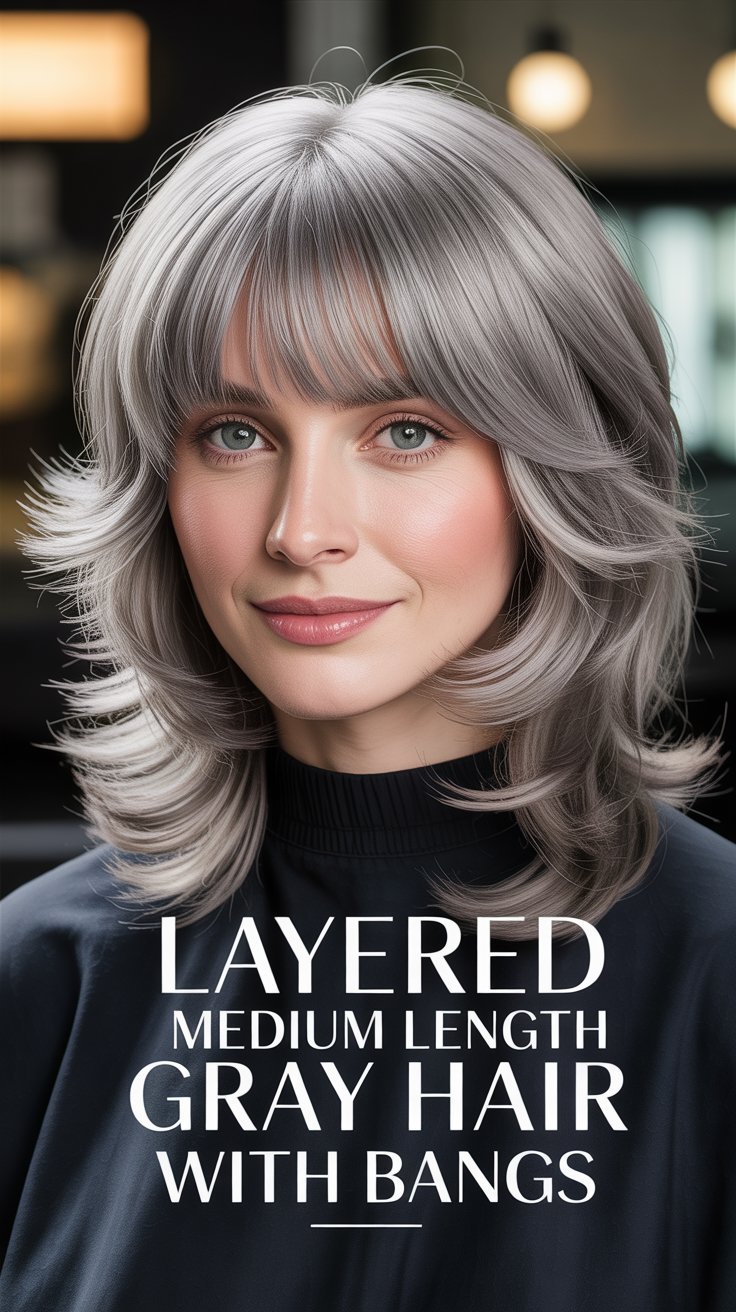 Layered Medium Length Gray Hair With Bangs - EverydayGlowVibes
